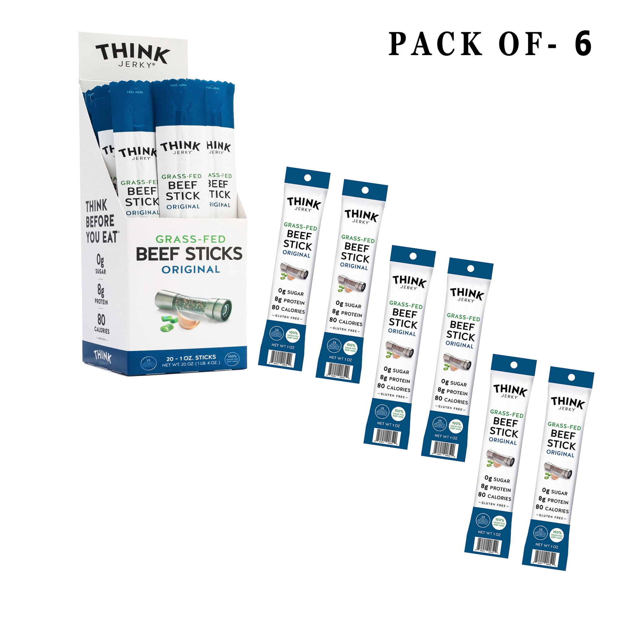 Pack of 6 Think Jerky Grass Fed Beef Sticks Original | 1 oz per pack ...