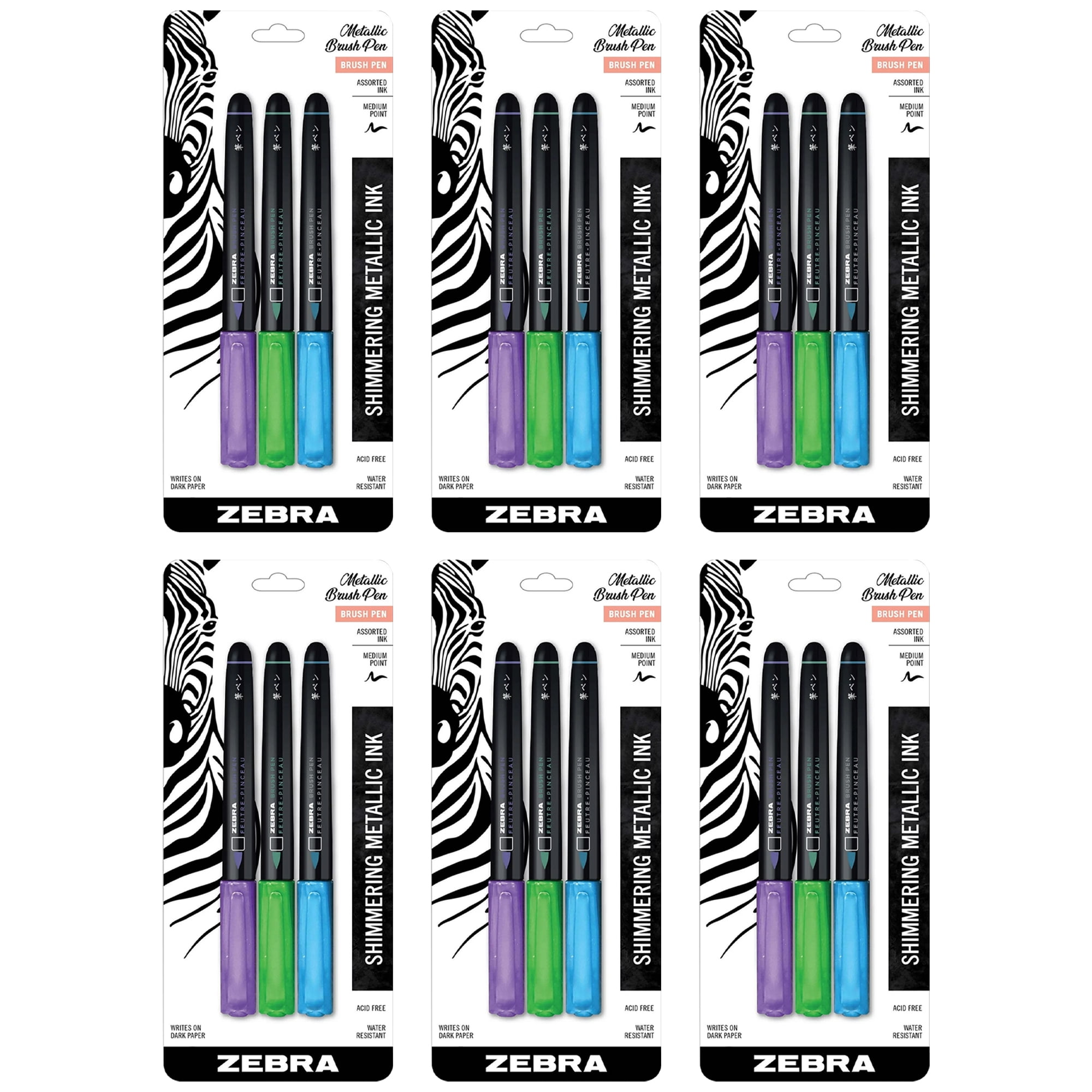 Pack of (6) Zebra Pen Metallic Brush Pen, Medium Point, Pigment Ink ...