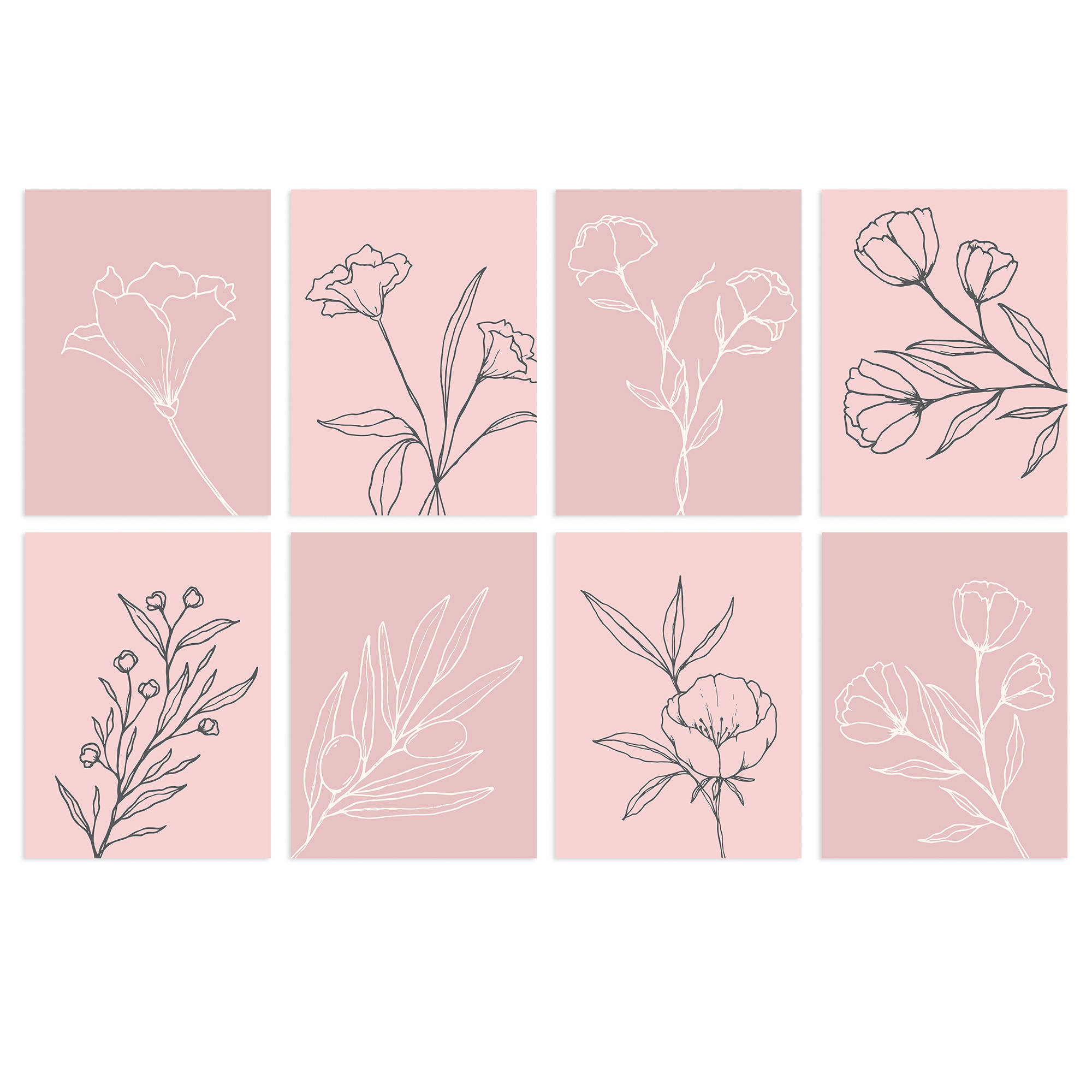 Pack of 8 Pastel Pink Line Art Wildflower Outline Modern Floral ...
