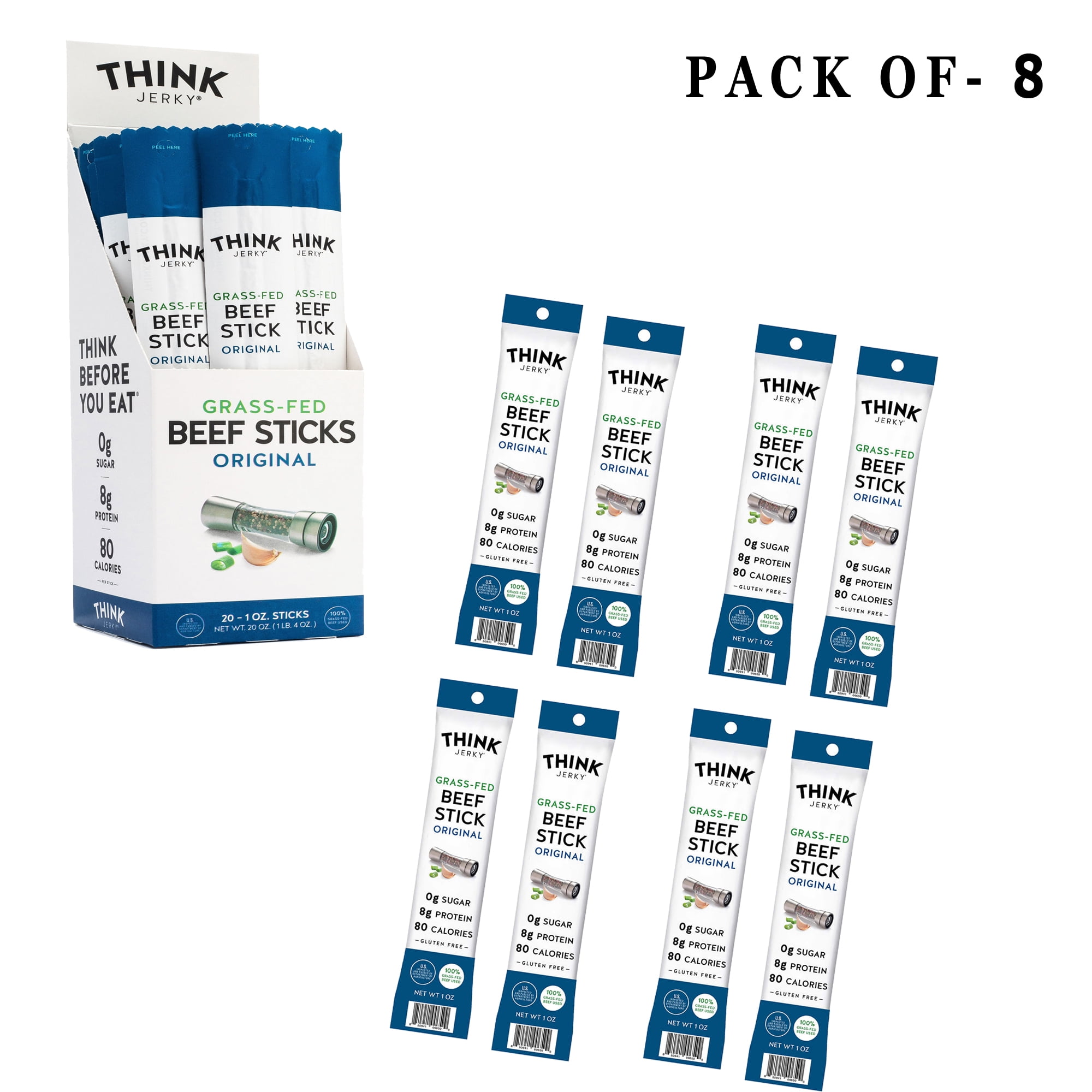 Pack of 8 Think Jerky Grass Fed Beef Sticks Original | 1 oz per pack ...
