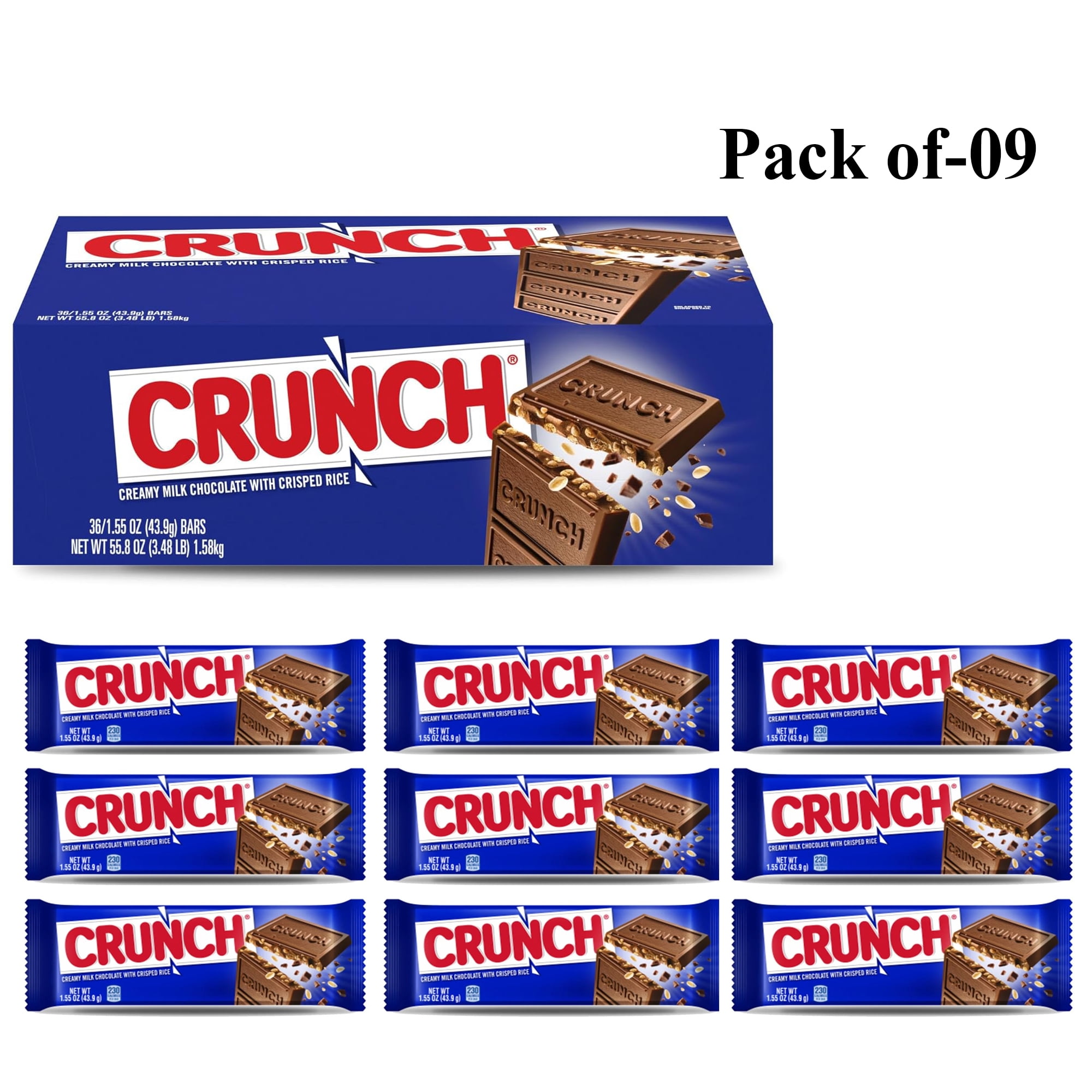 Pack of 9 CRUNCH: Milk Chocolate and Crisped Rice - Full Size Wrapped ...