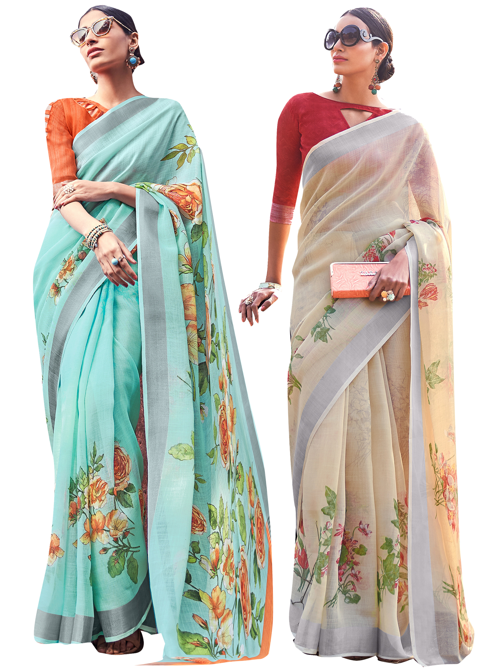 Pack of Two Saree for Women Printed Cotton Silk Indian Wedding Sarees ...