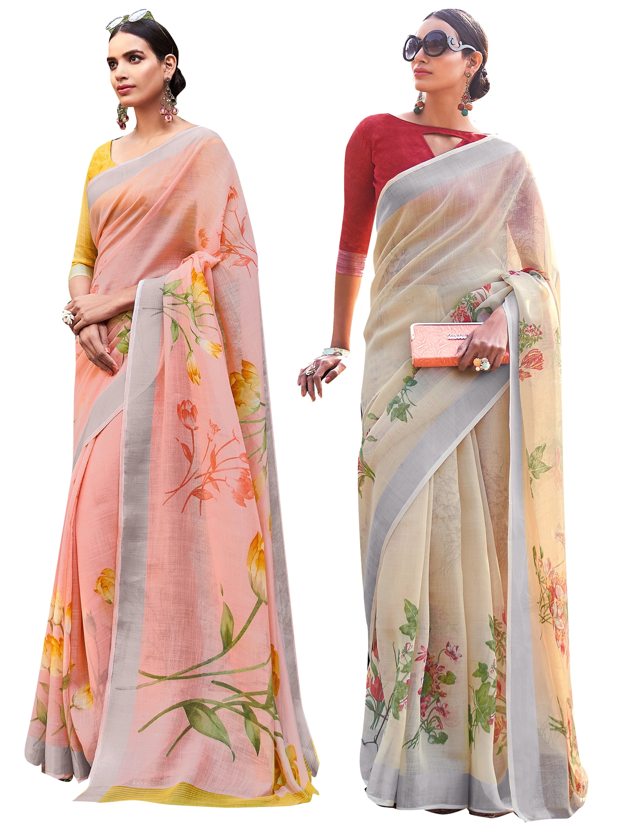 Pack of Two Saree for Women Printed Cotton Silk Indian Wedding Sarees ...