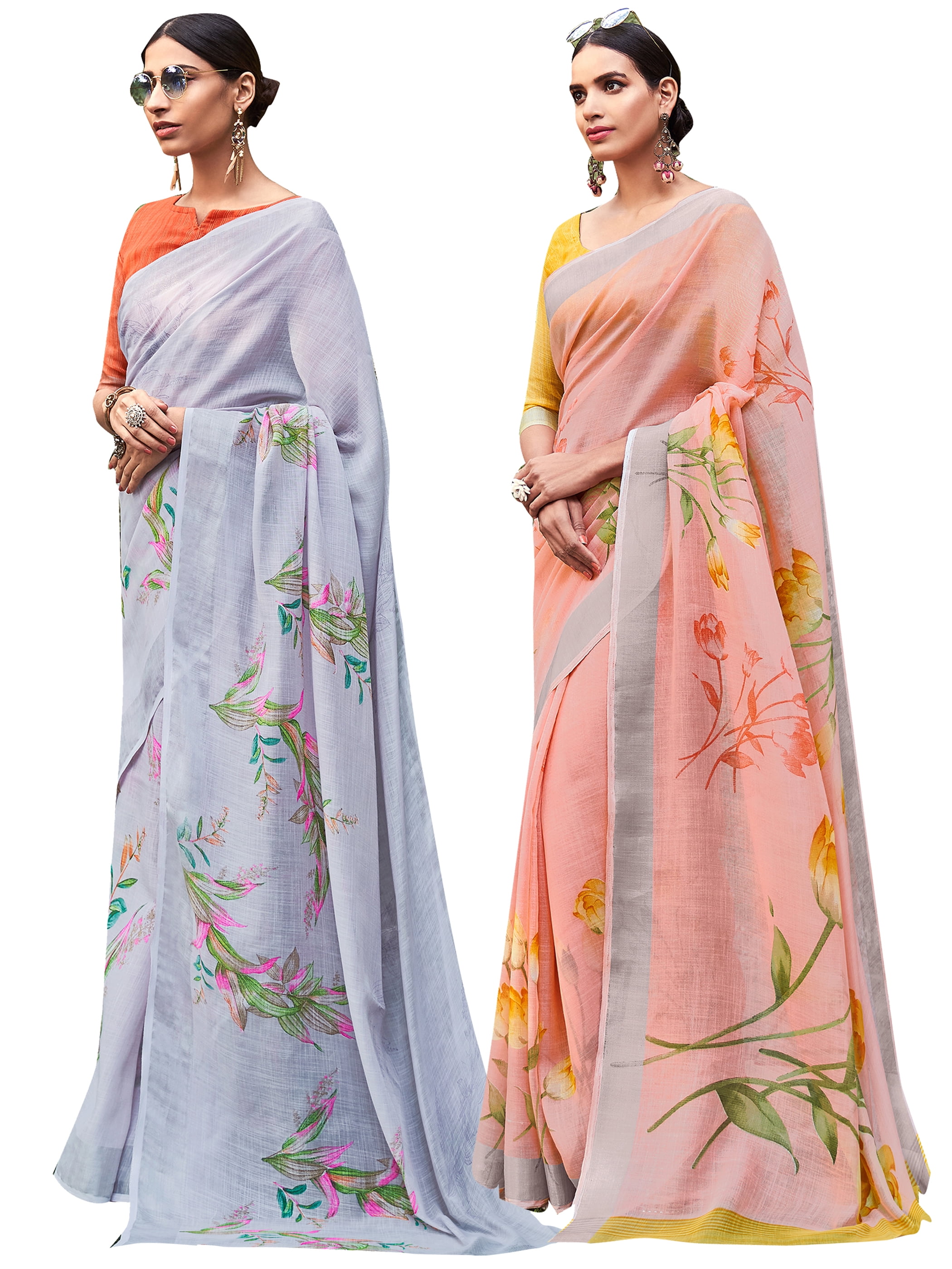 Pack of Two Saree for Women Printed Cotton Silk Indian Wedding Sari ...