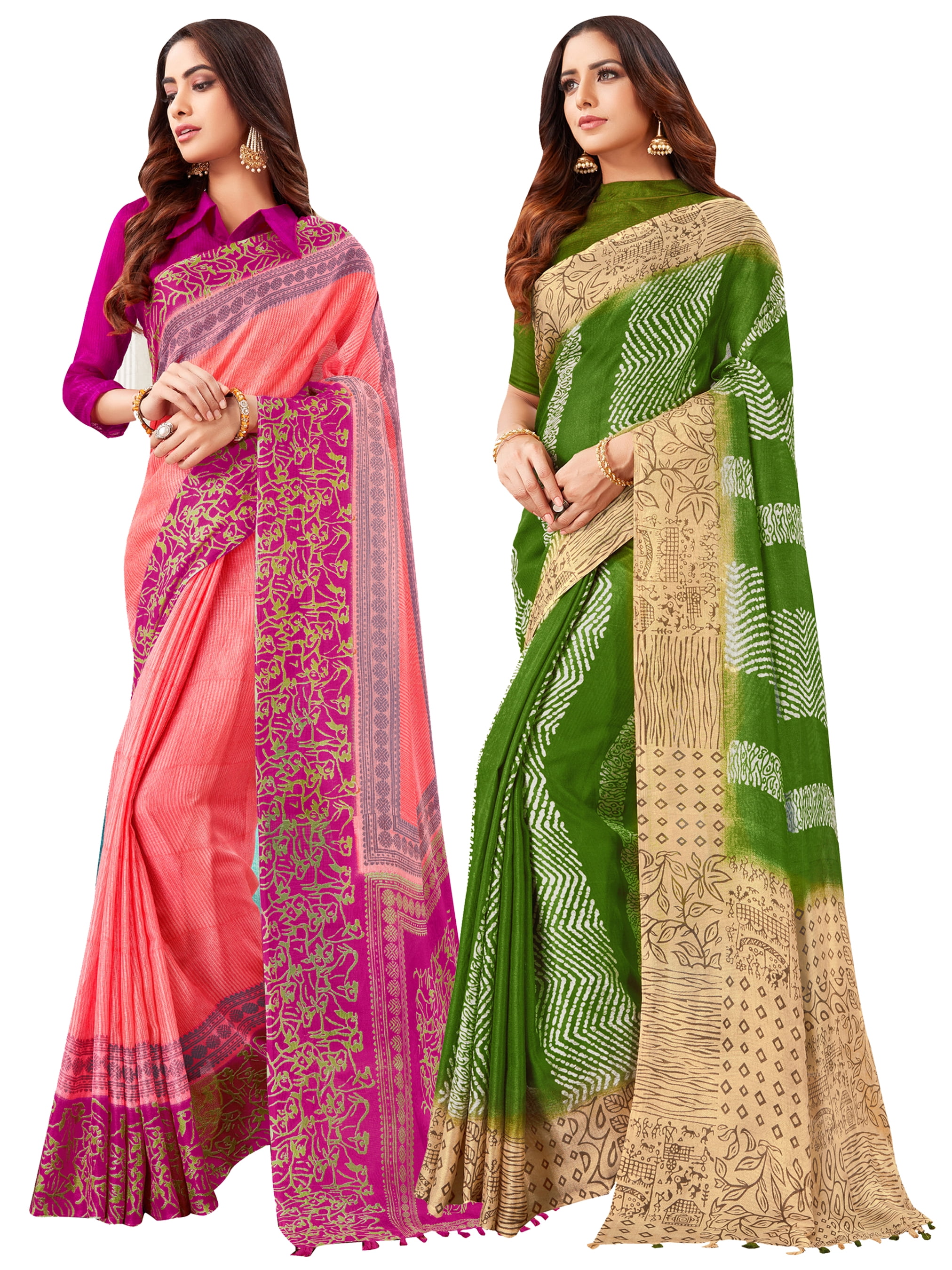Pack of Two Saree for Women Printed Linen Silk Indian Wedding Sarees ...