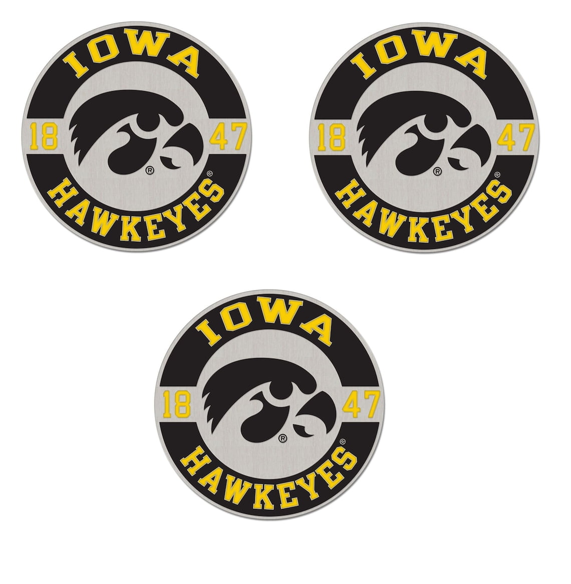 Pack of three Iowa Round Collector Enamel Pins; 3 Hawkeyes Established ...