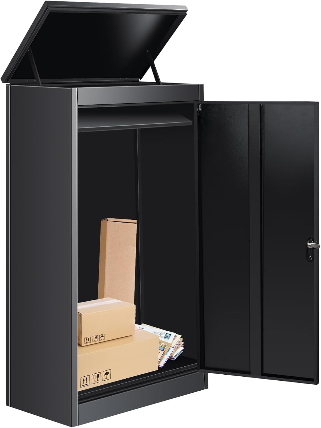 Package Delivery Box for Outside - Lockable Black Metal Parcel Drop Box ...