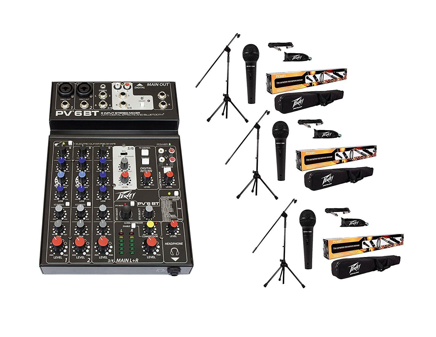 Package: Peavey PV 6BT PV6BT Pro Audio Mixer With 2 Mic Inputs ...