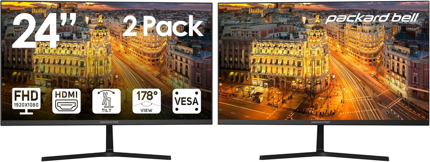 Packard Bell 24" FHD Monitor – 2 Pack, HDMI/VGA, Tilt, VESA Mount ...