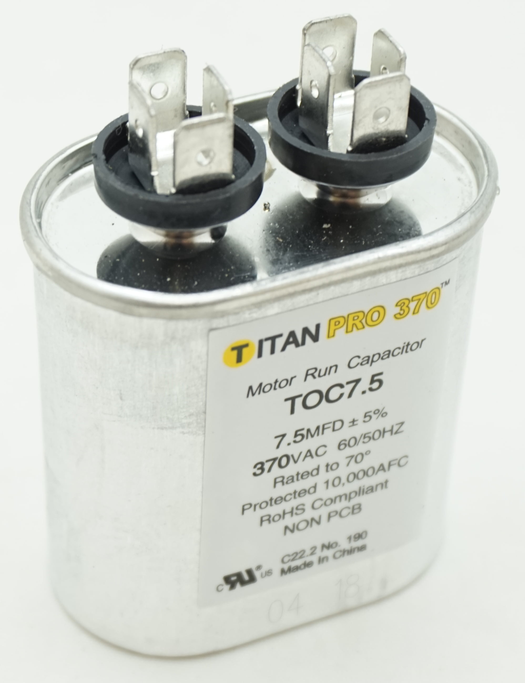 Packard Titan Pro 370 Motor Run Capacitor, Oval, 7.5 Mfd, 370 V, 7.5 ...
