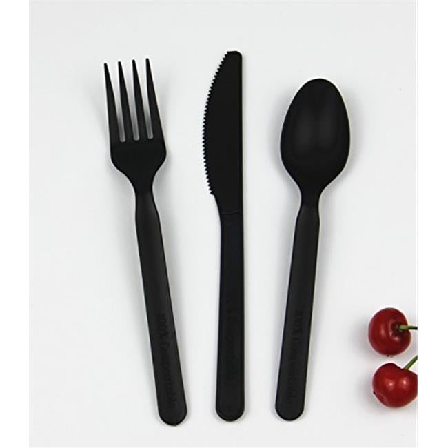 Packnwood 210CVPLK416N 6 in. Black CPLA 4-1 Cutlery Kit with Kraft Bag ...