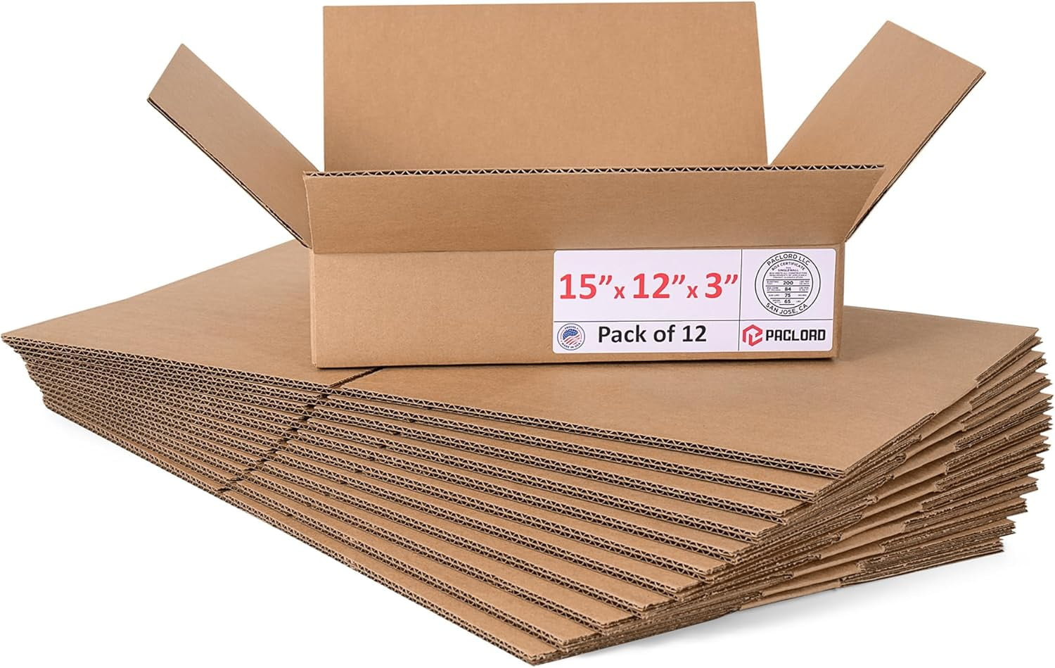 Paclord Flat Cardboard Boxes 15"L x 12"W x 3"H (Pack of 12) - USA-Made ...