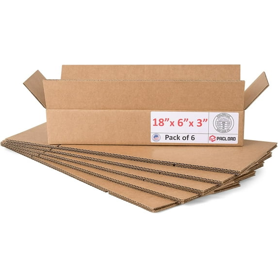 Paclord Flat Cardboard Boxes 18"L x 6"W x 3"H (Pack of 6) - USA-Made ...