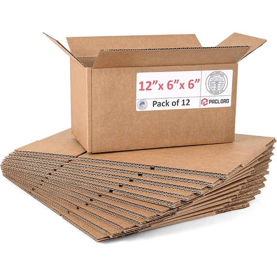 Paclord Medium Cardboard Boxes 12"L x 6"W x 6"H (Pack of 12) - USA-Made ...