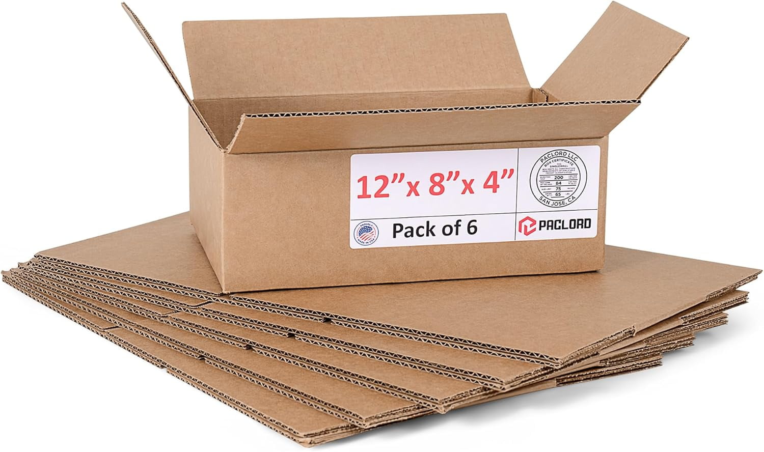 Paclord Medium Cardboard Boxes 12"L x 8"W x 4"H (Pack of 6) - USA-Made ...