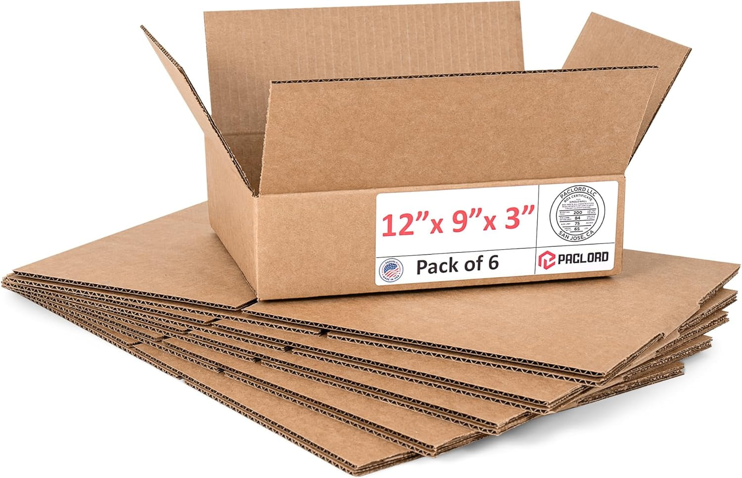 Paclord Medium Cardboard Boxes 12"L x 9"W x 3"H (Pack of 6) - USA-Made ...