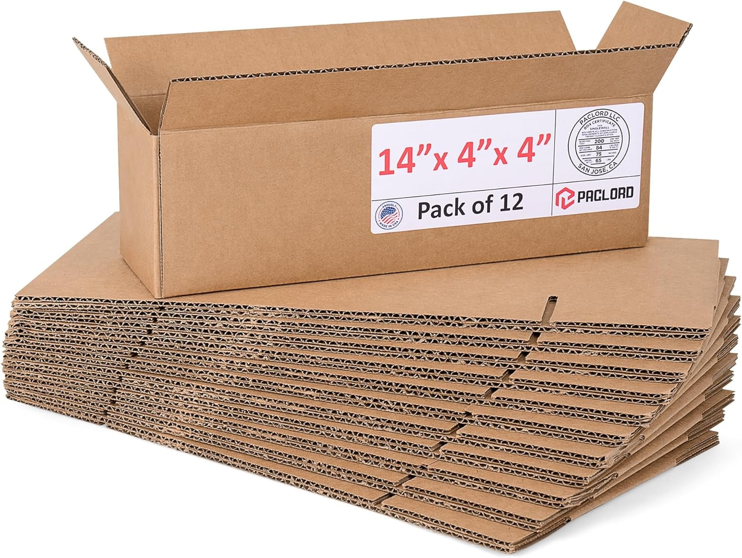 Paclord Medium Cardboard Boxes 14"L x 4"W x 4"H (Pack of 12) - USA-Made ...