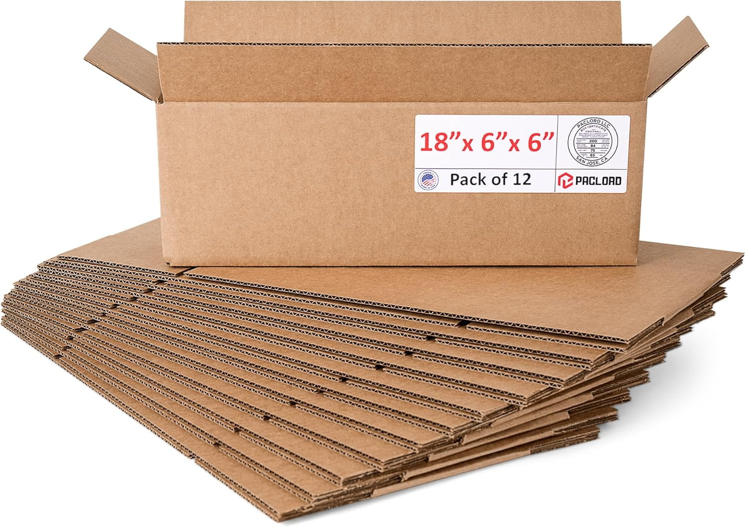 Paclord Medium Cardboard Boxes 18"L x 6"W x 6"H (Pack of 12) - USA-Made ...