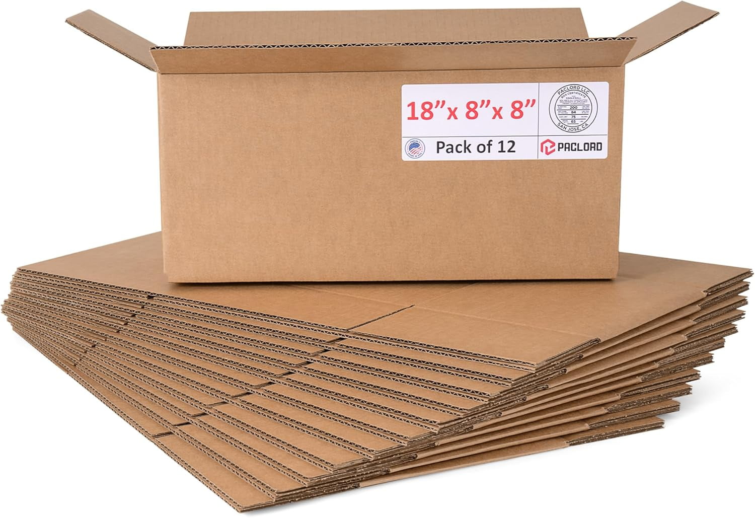 Paclord Medium Cardboard Boxes 18"L x 8"W x 8"H (Pack of 12) - USA-Made ...
