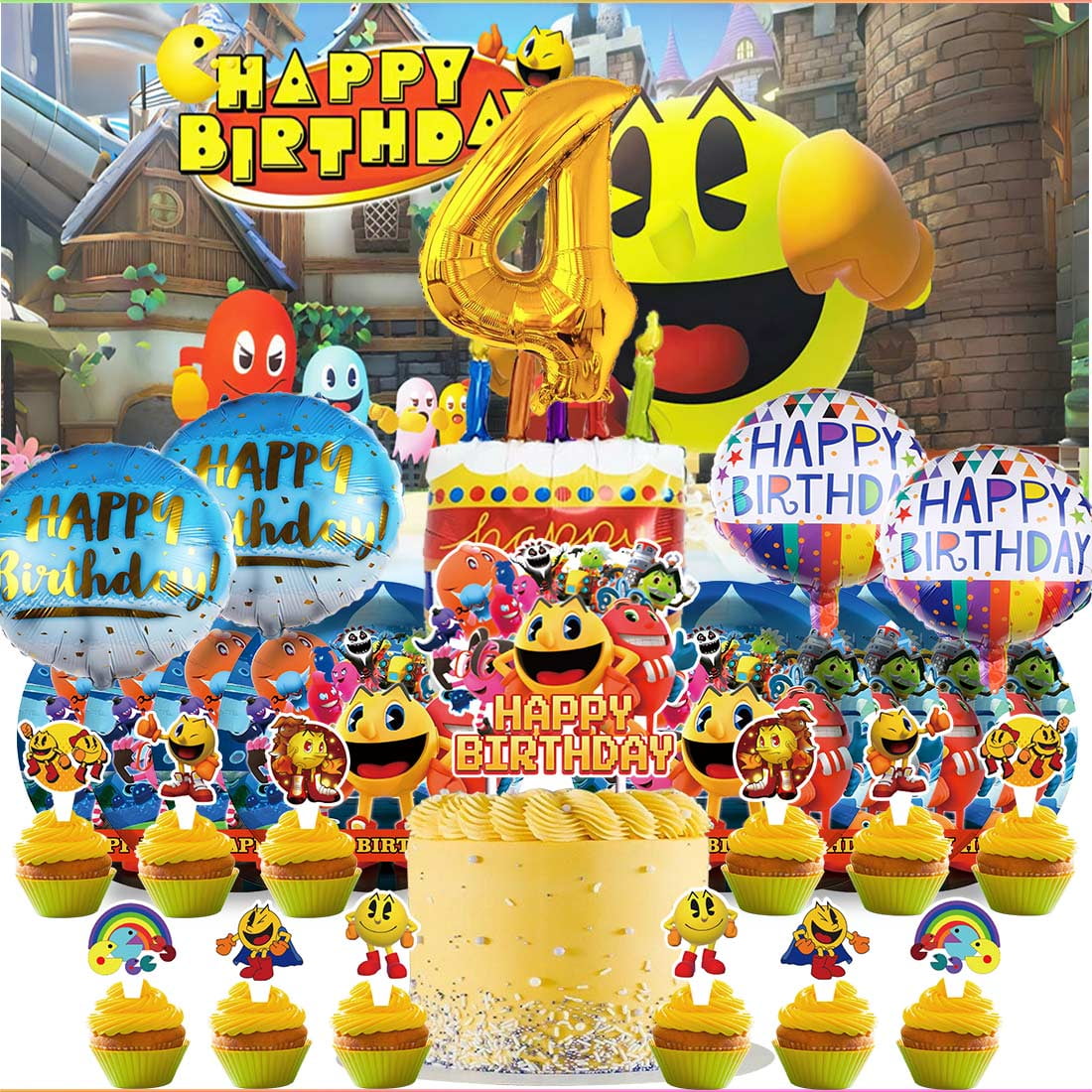 Pacman 4th Tableware Balloons Cake Toppers Backdrop Banner Supplies ...
