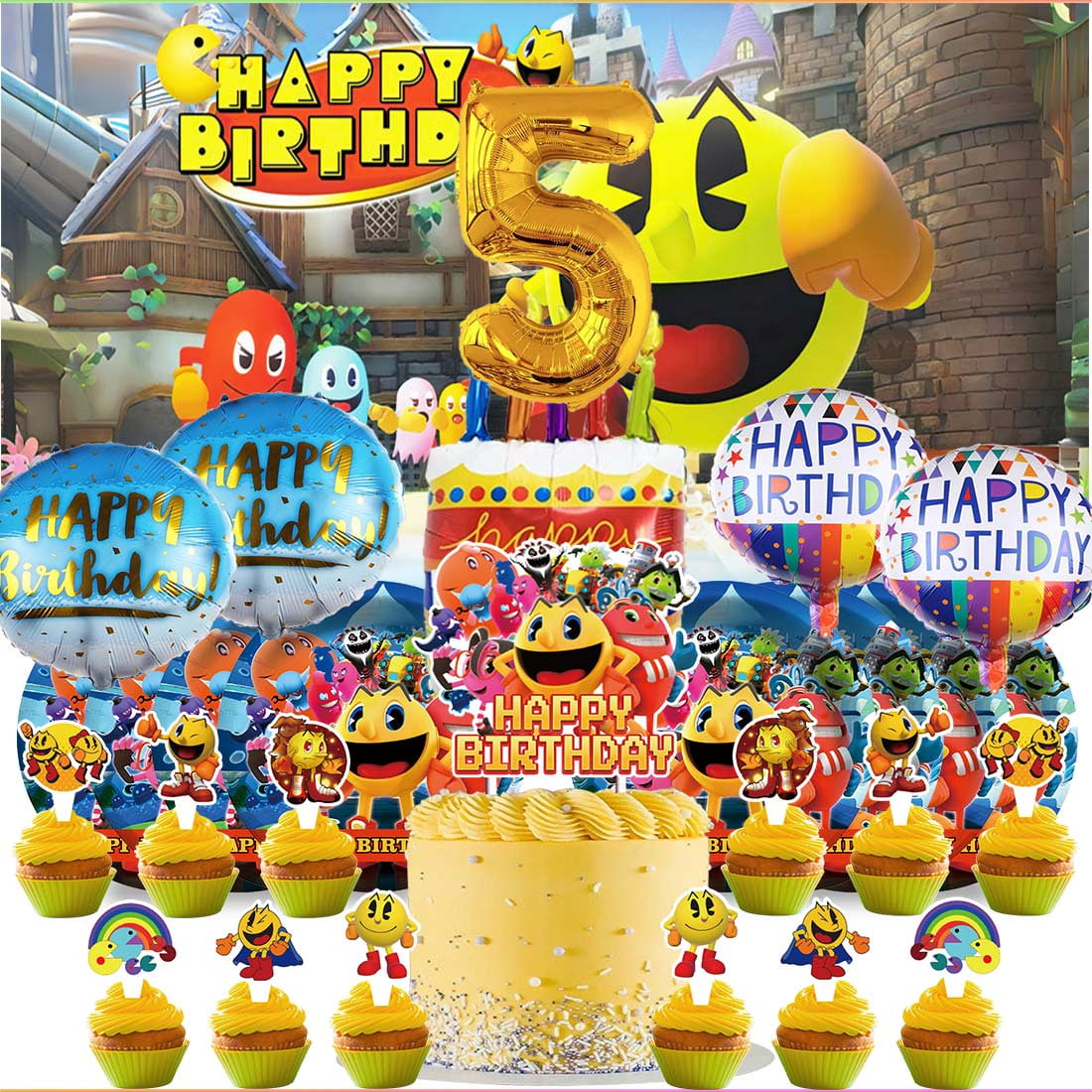 Pacman 5th Tableware Balloons Cake Toppers Backdrop Banner Supplies ...