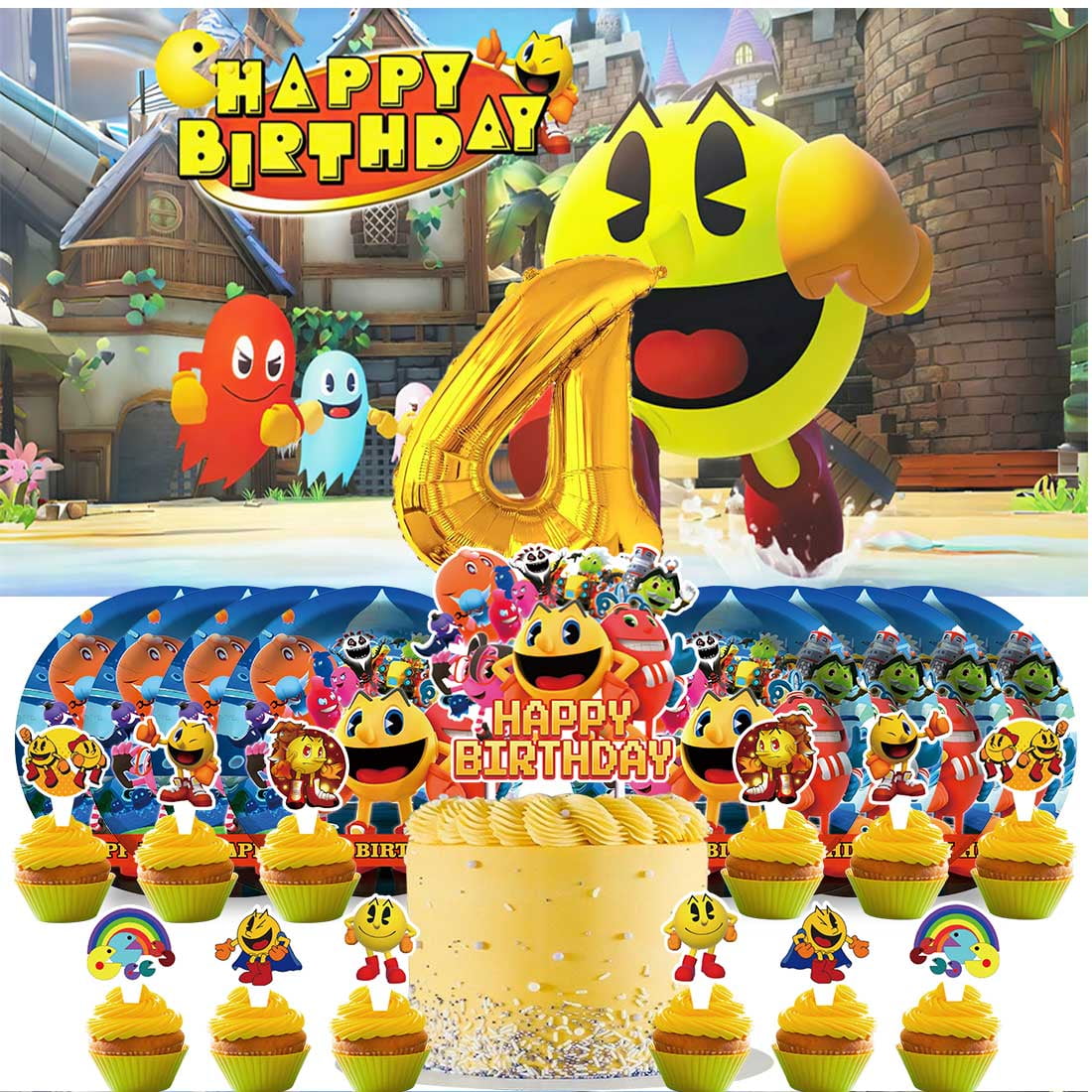 Pacman Balloons Party Supplies 4th Decor Tableware Birthday Cake Topper ...