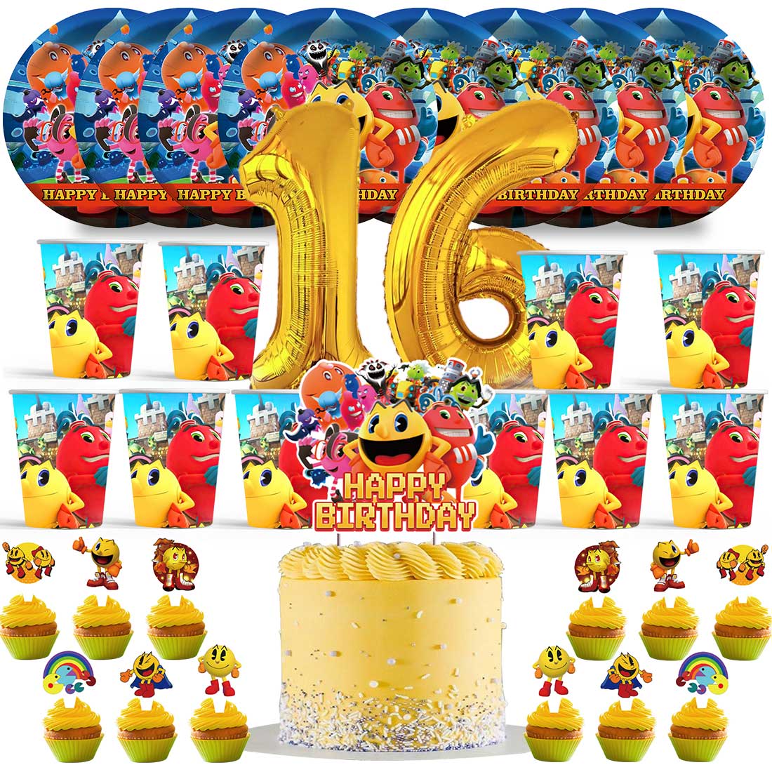 Pacman Birthday 16th Cups Party Supplies Plates Fans Decorations Cake ...