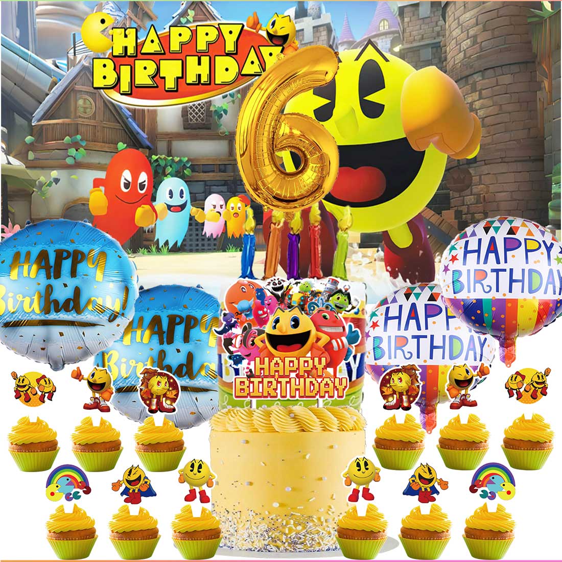 Pacman Party Supplies Decor 6th Kit Balloons Birthday Cake Topper ...