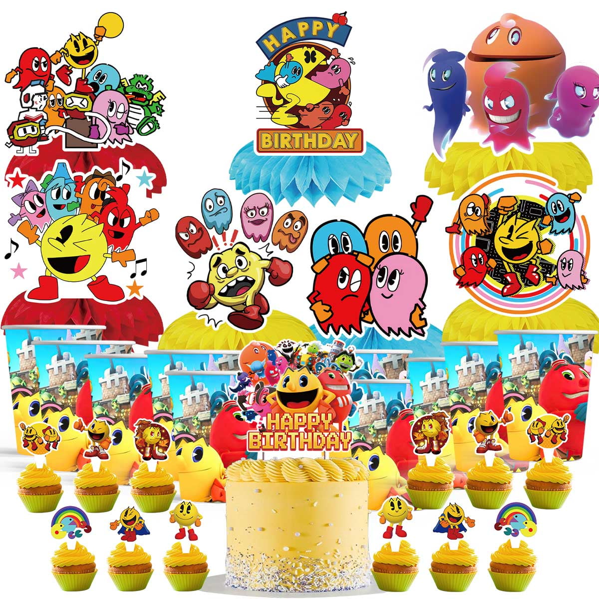 Pacman Party Supplies Decor Cups Fans Decorations Honeycomb ...