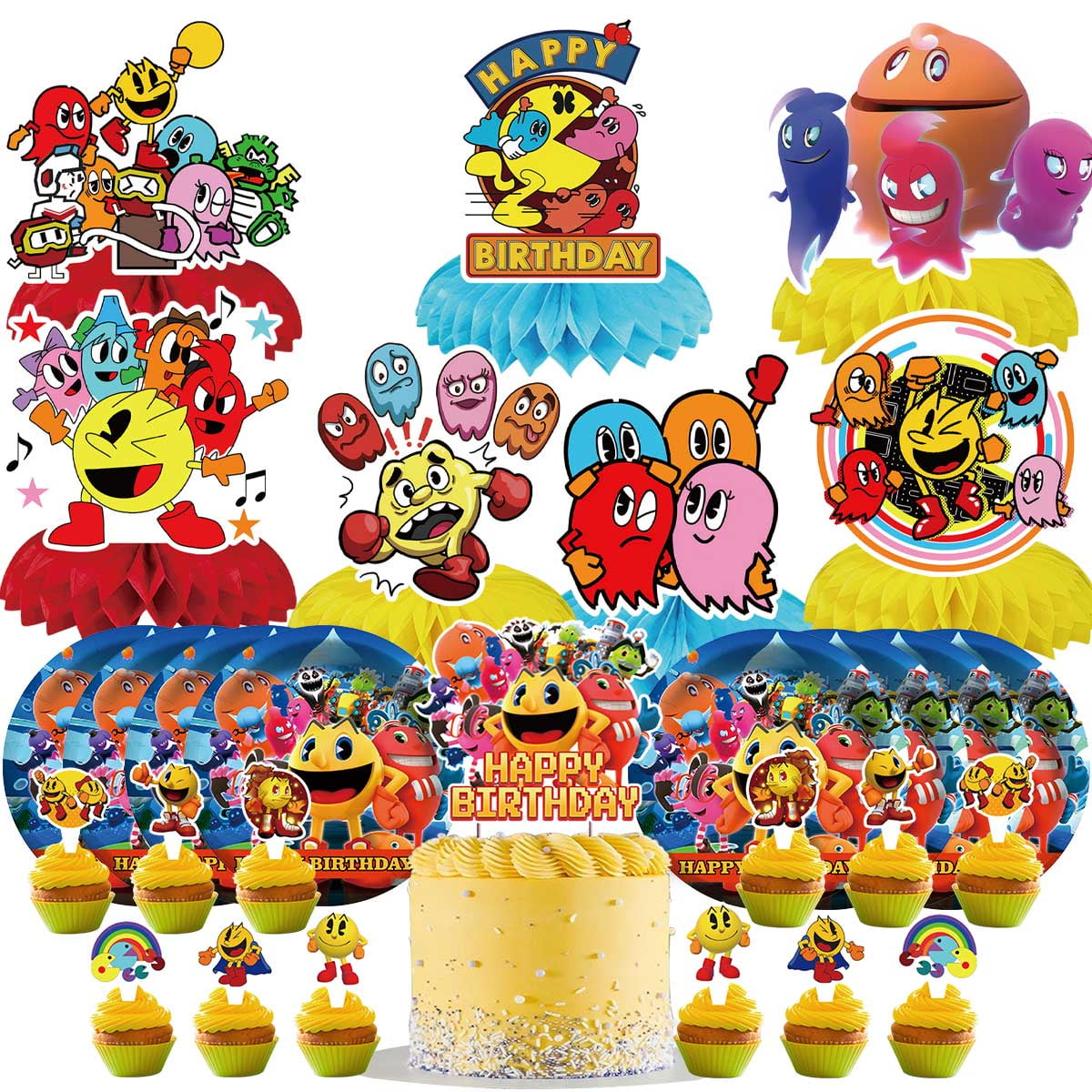 Pacman Party Supplies Decor Plates Fans Decorations Honeycomb ...