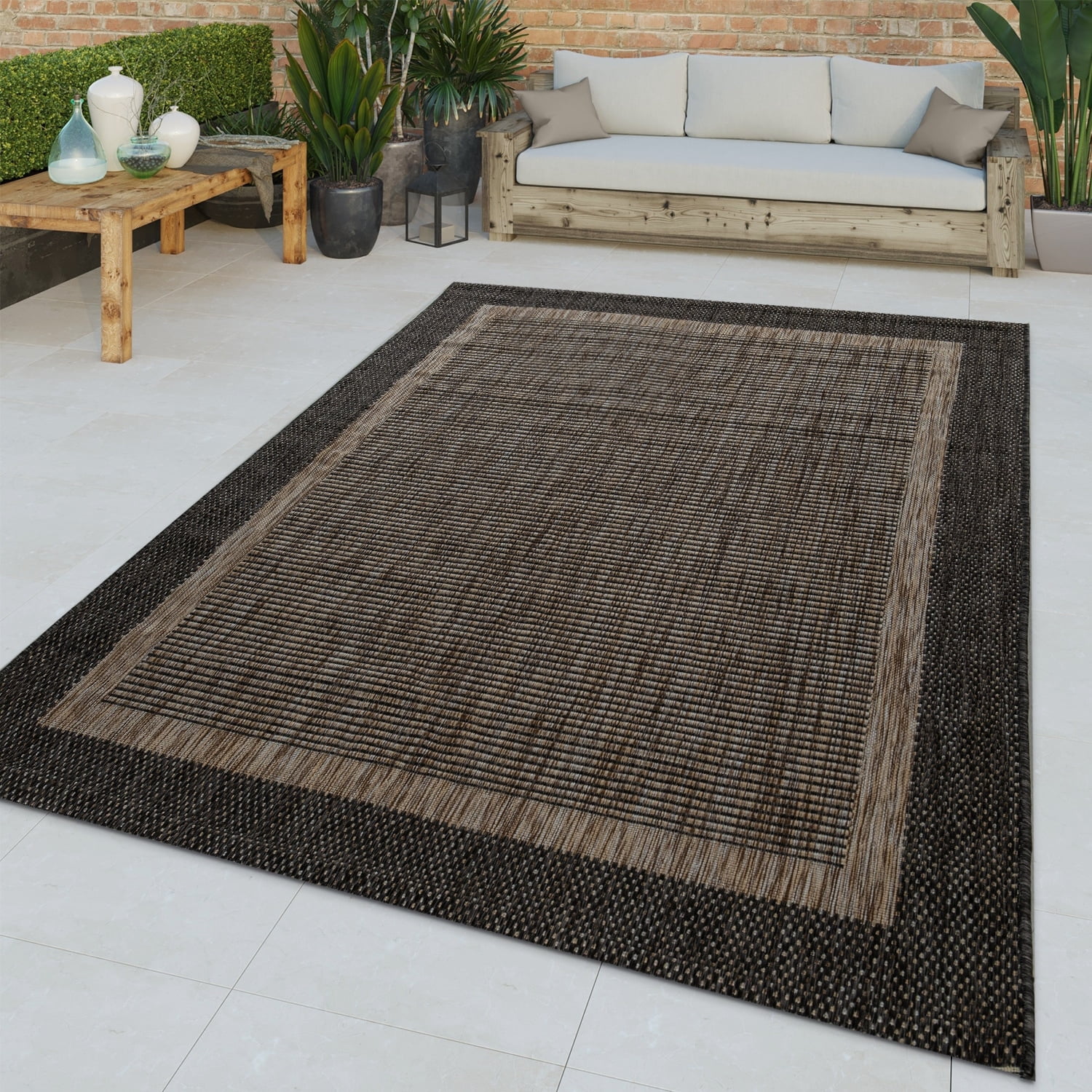 Paco Home Anthracite Brown Outdoor Rug Rustic Style Bordered for Patio ...