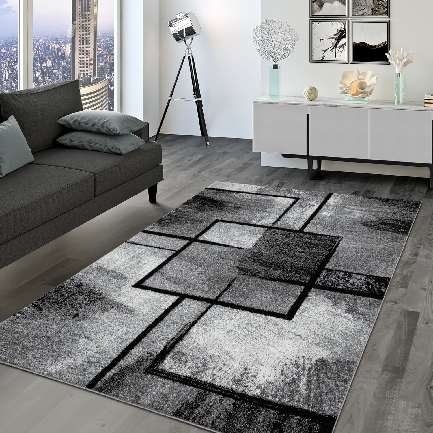 Paco Home Black White Area Rug with Geometric Pattern and Modern Paint ...