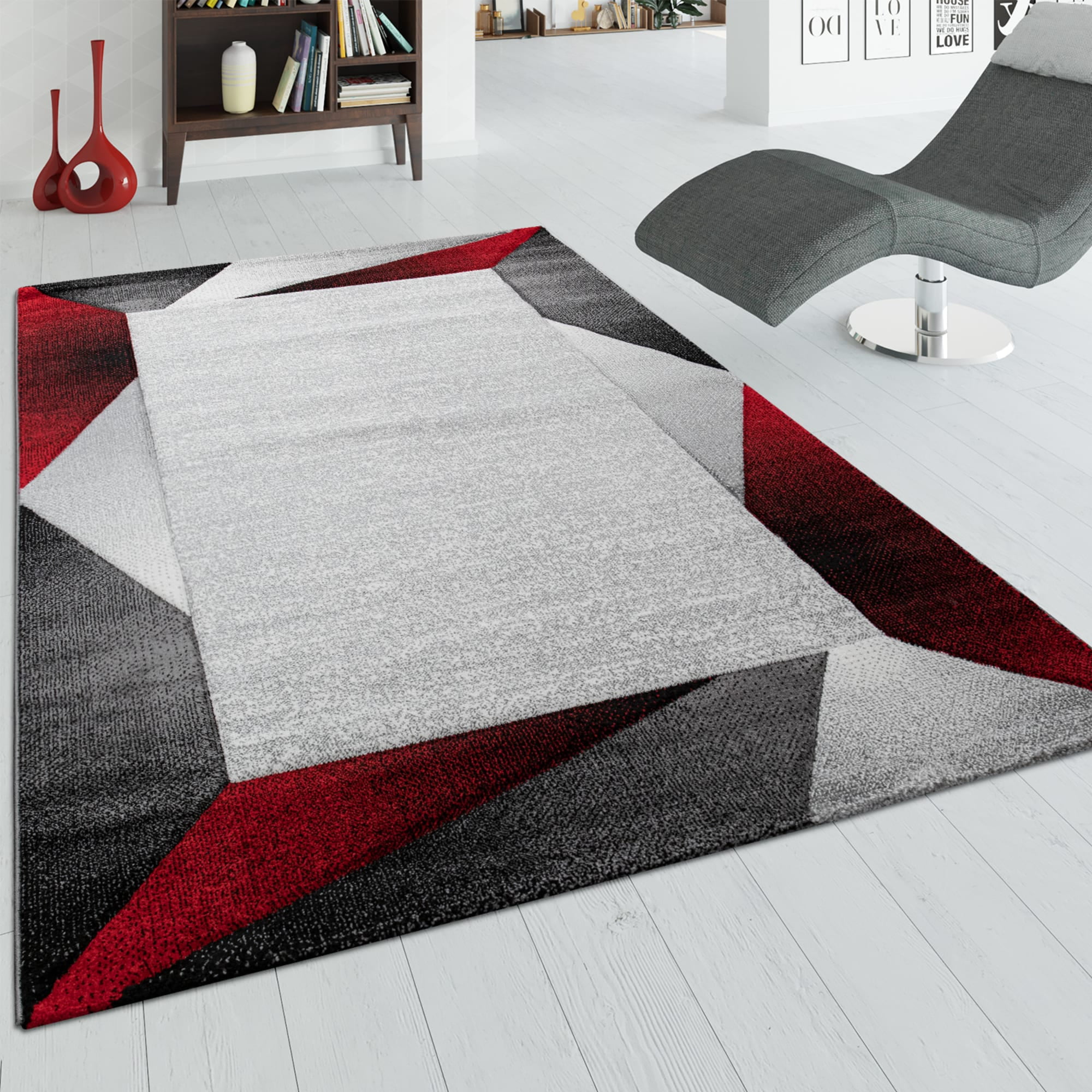 Paco Home Bordered Living-Room Rug with Modern Contour Cut - Grey Red ...