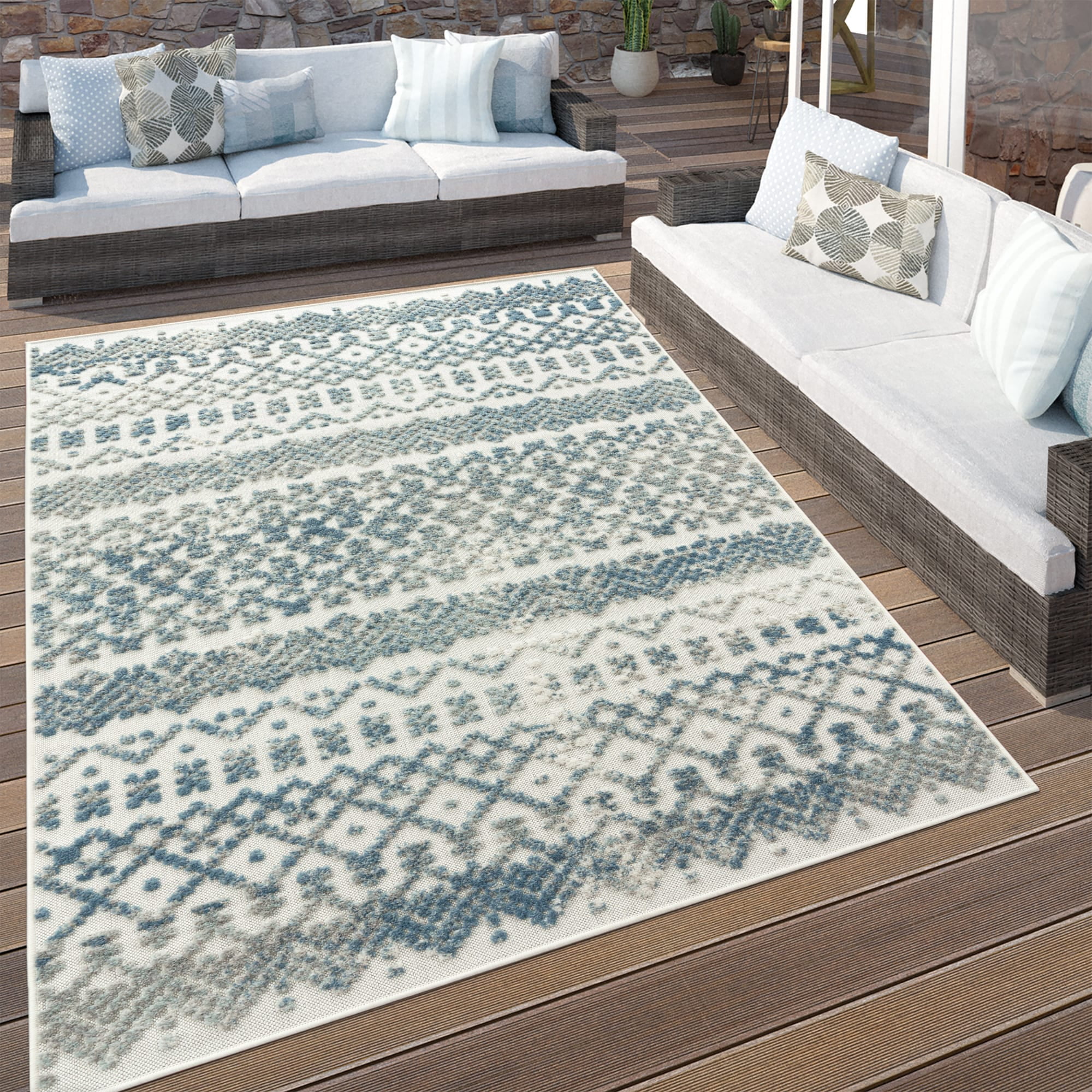 Paco Home Indoor & Outdoor Rug with Textured Boho Pattern in Cream Blue ...
