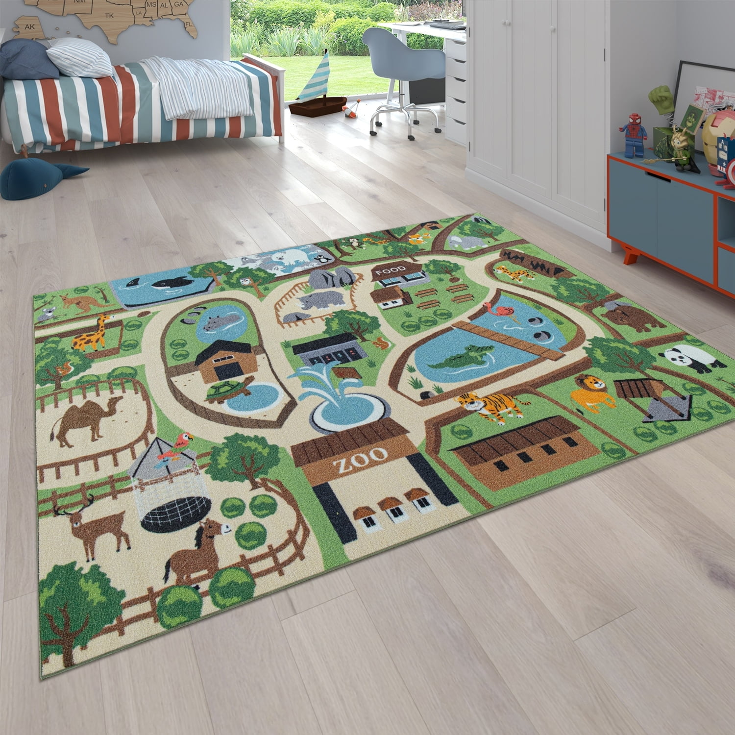 Paco Home Kids Play Mat Rug Zoo Animal Park for Playroom in Green Beige ...