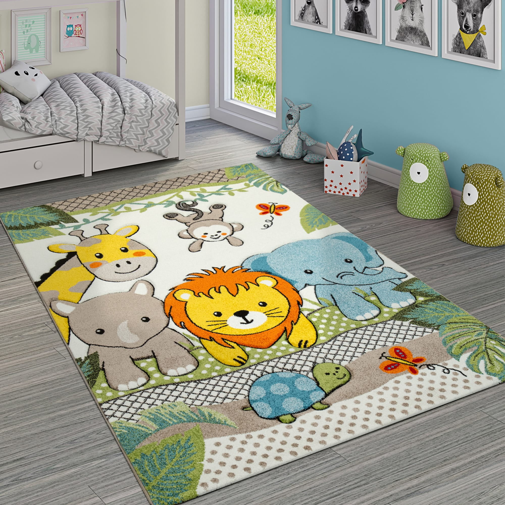 Paco Home Kids Room Rug for Nursery with Charming Zoo Animals - Green ...