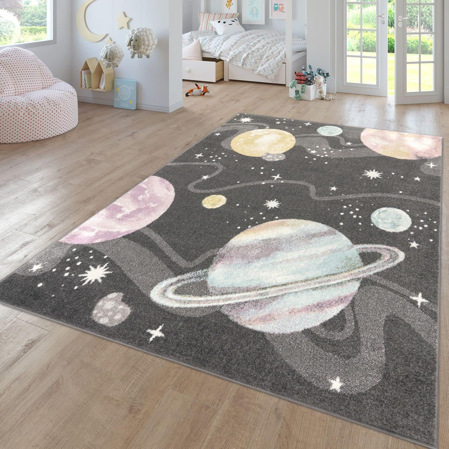 Paco Home Kids Rug Space Universe with Planets and Stars in Anthracite ...