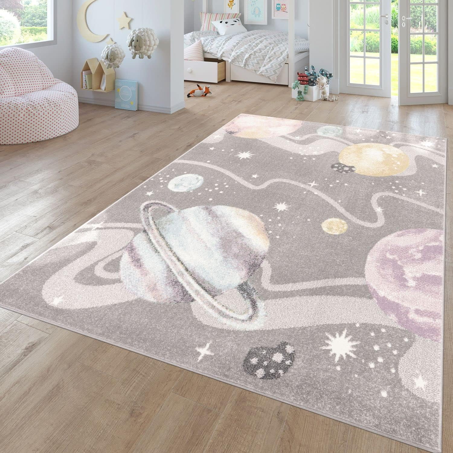 Paco Home Kids Rug Space Universe with Planets and Stars in Grey, Size ...