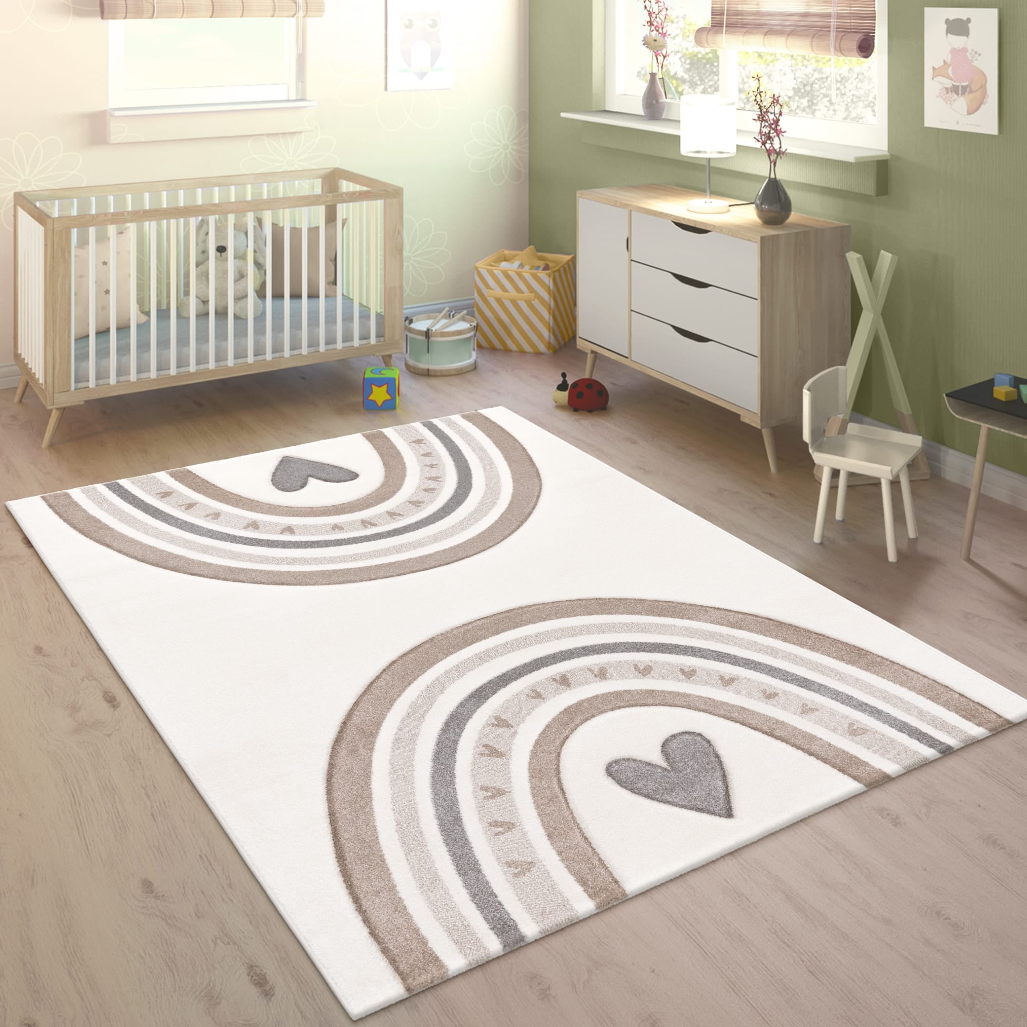Paco Home Kids Rug with Rainbow & Hearts in Beige Cream - 7'10" x 11'2 ...