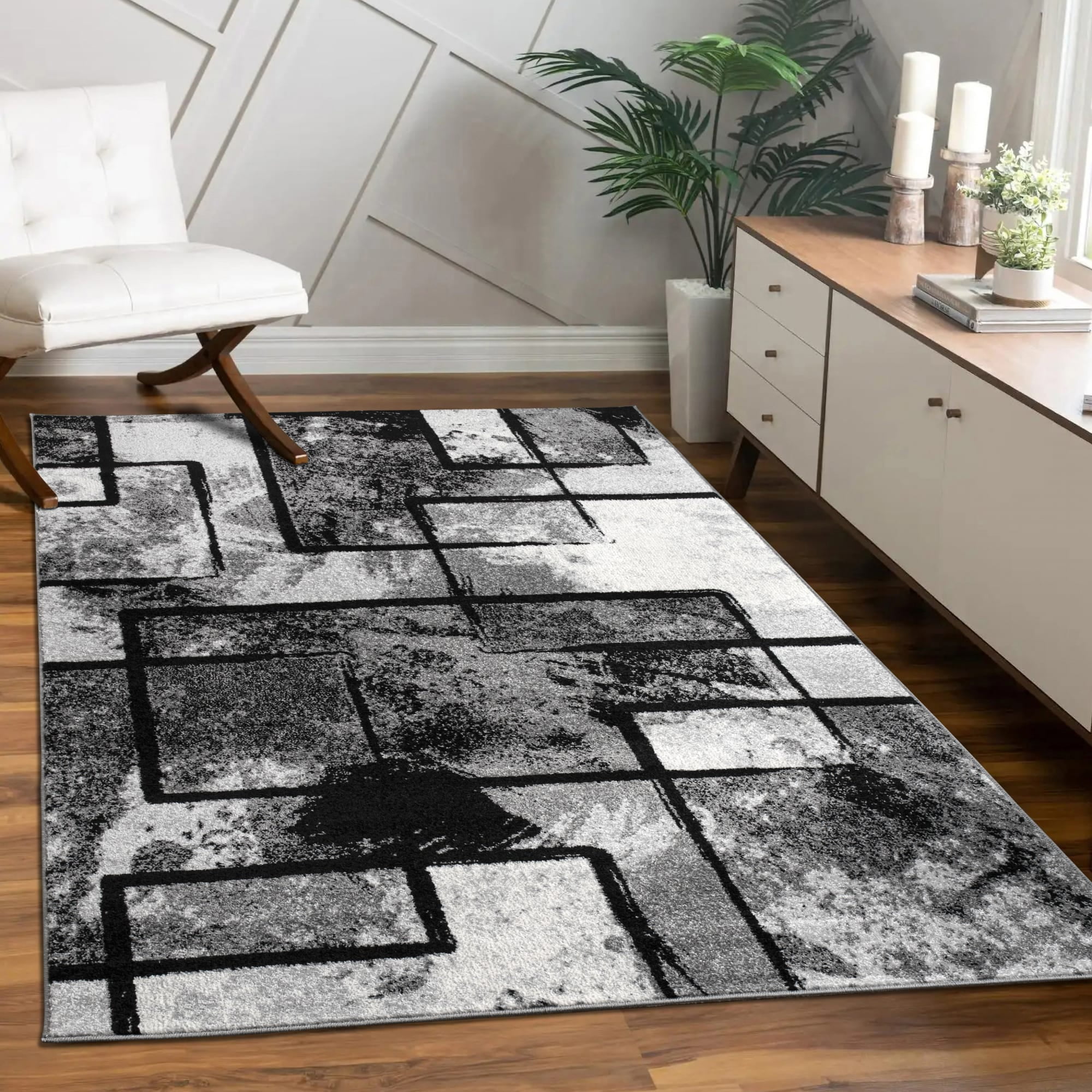 Paco Home Modern Black-White Area Rug with Abstract Paint Effect - 2' x ...