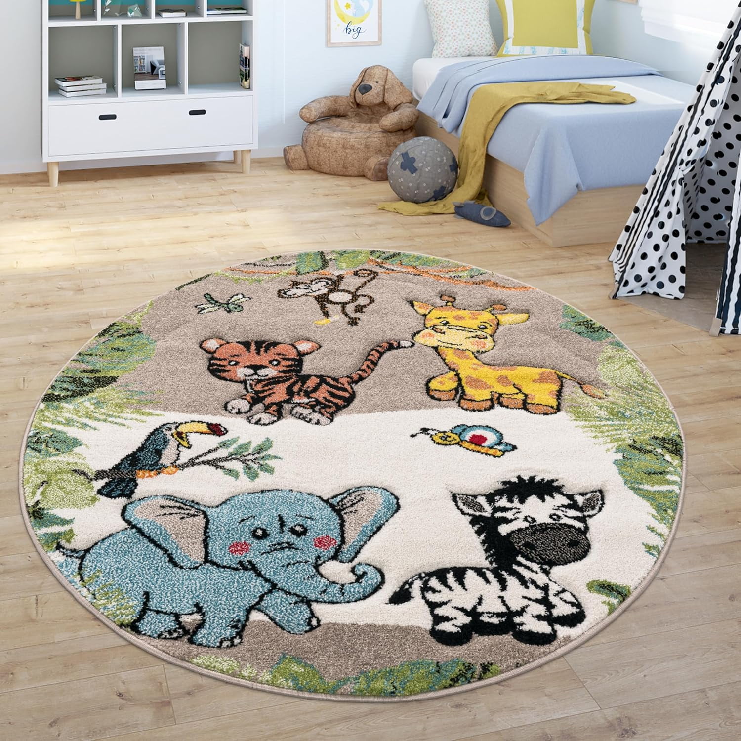 Paco Home Nursery Rug for Kids - Giraffe Lion Monkey in Beige, Size:3 ...