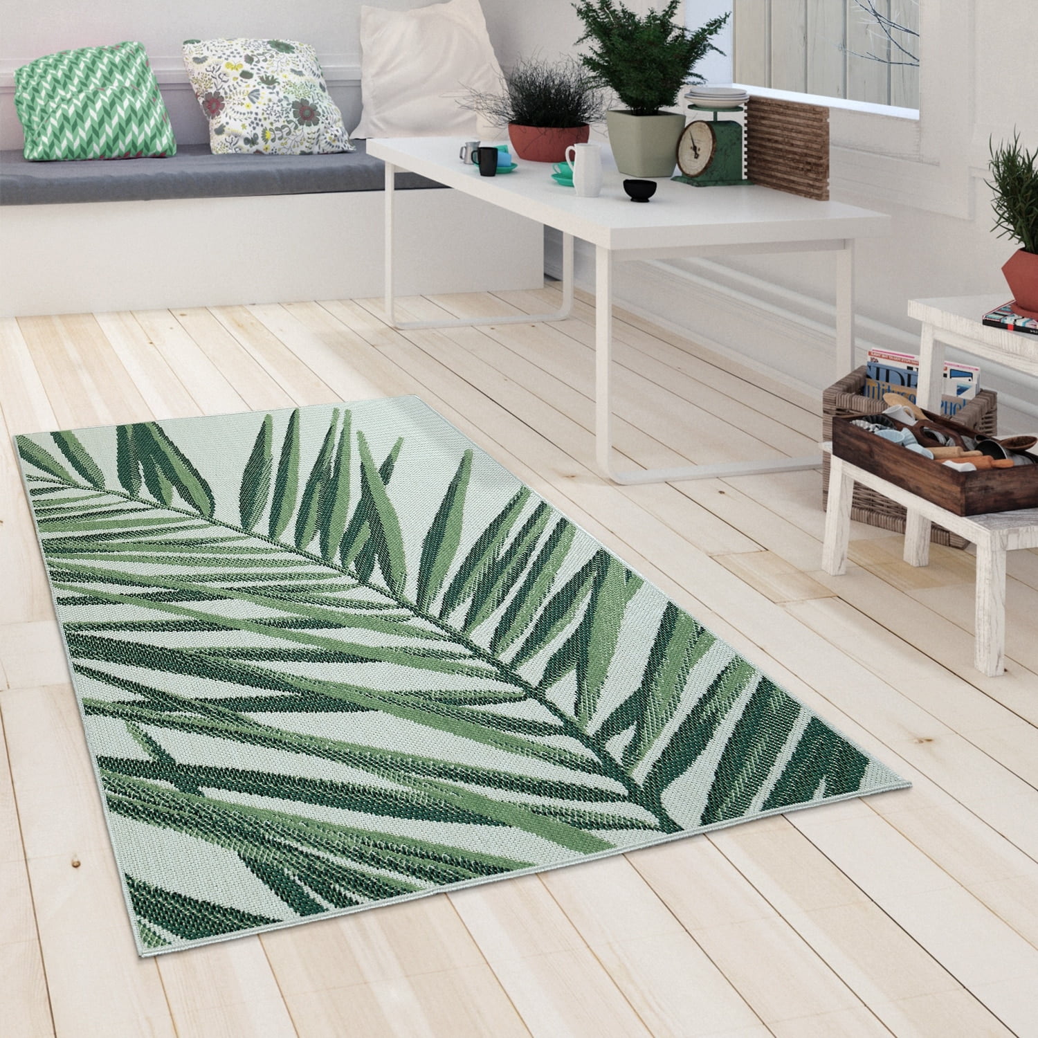 Paco Home Outdoor Rug Green Beige with Palm Leaf Pattern for Patio Flat ...