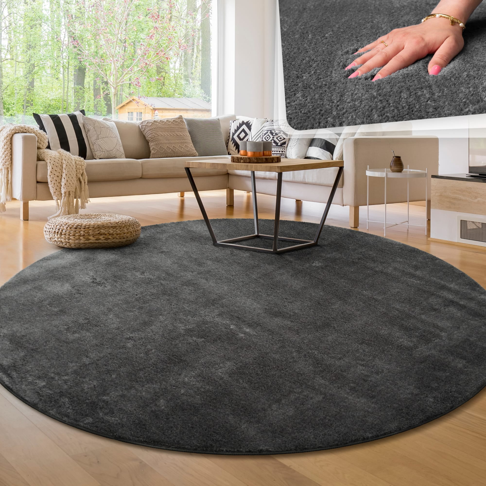 Paco Home Soft Washable Area Rug In Anthracite - 5'3" Round (5'Round ...