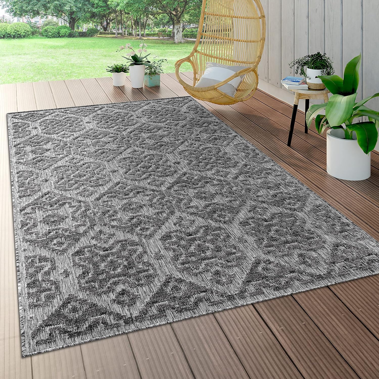 Paco Home in- & Outdoor Rug Modern Carved Boho Pattern in Dark Gray ...