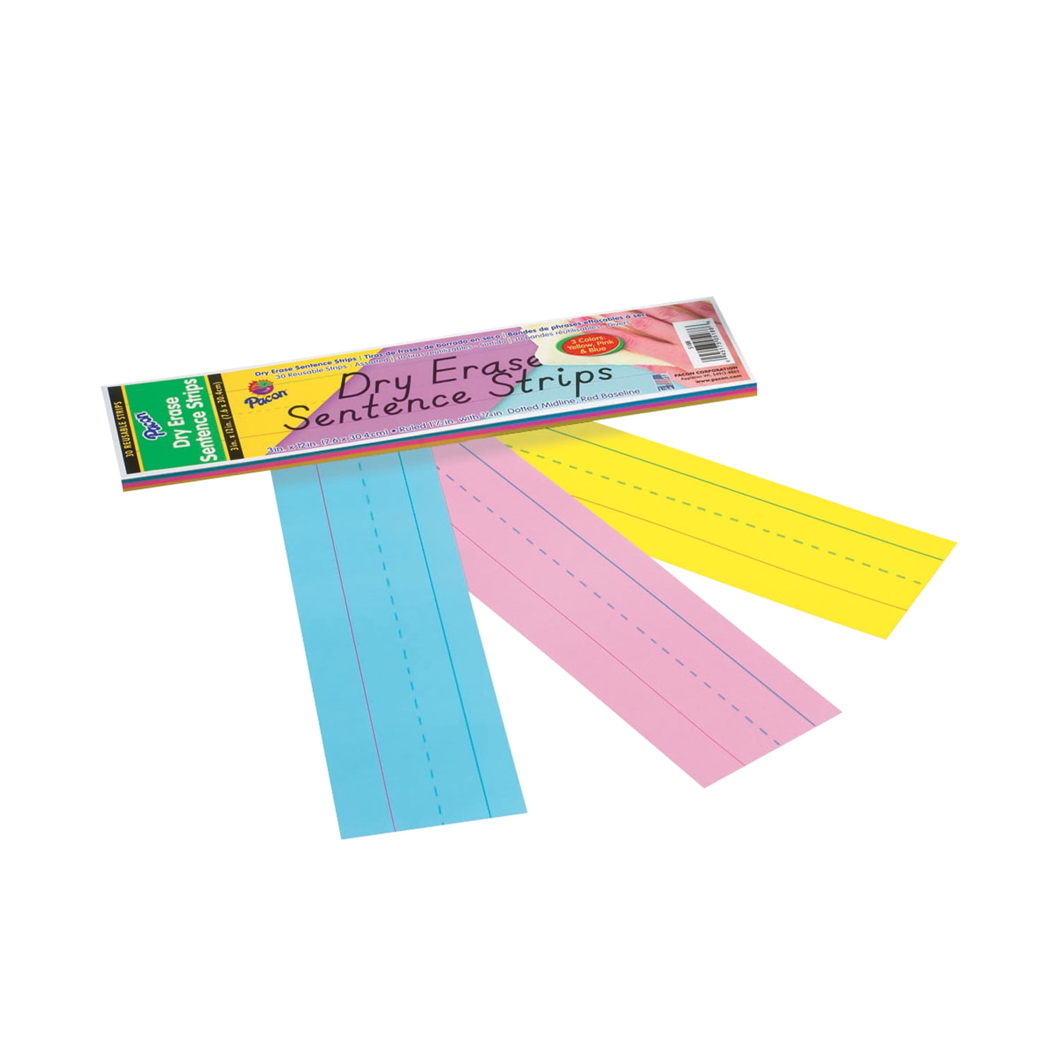 Pacon Dry Erase Sentence Strips, 3 Assorted Colors, 1-1/2" X 3/4" Ruled ...