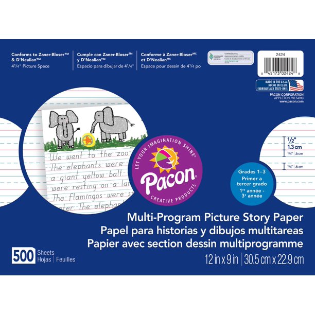 Pacon Handwriting Paper with Picture Story Space, 12" x 9", Ruled Long ...