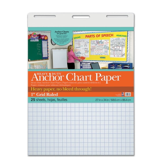 Heavy Duty Anchor Chart Paper, 1" Grid Ruled, 27"W x 34"L, 25 Sheets ...