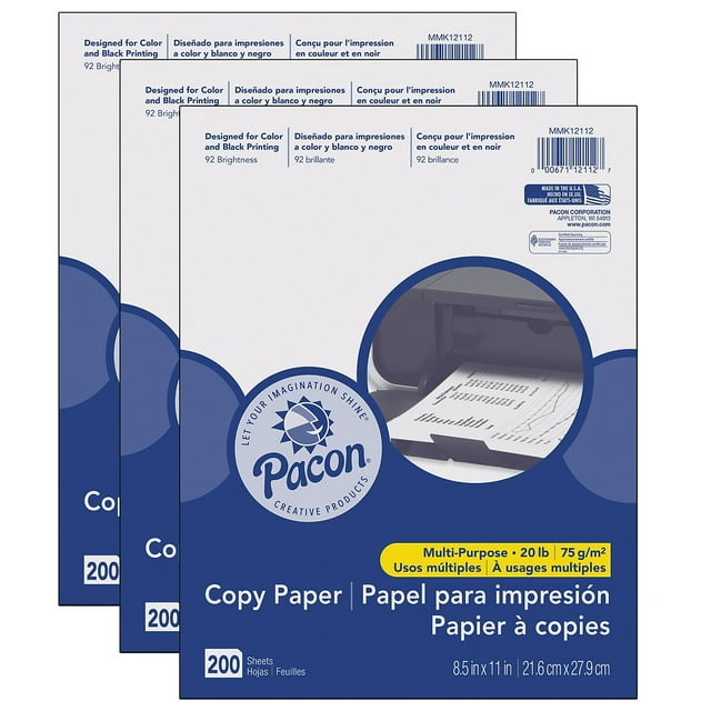 Pacon Multi-Purpose Paper 20 lb. 8.5" x 11" White 200 Sheets Per Pack 3 ...