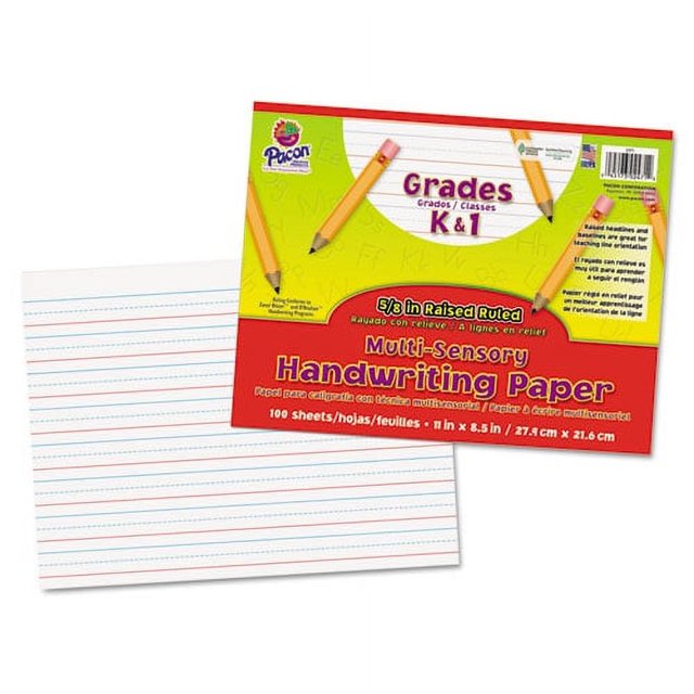Pacon Multi-Sensory Raised Ruled Paper, 5/8" Short Rule, 8.5 X 11, 100 ...