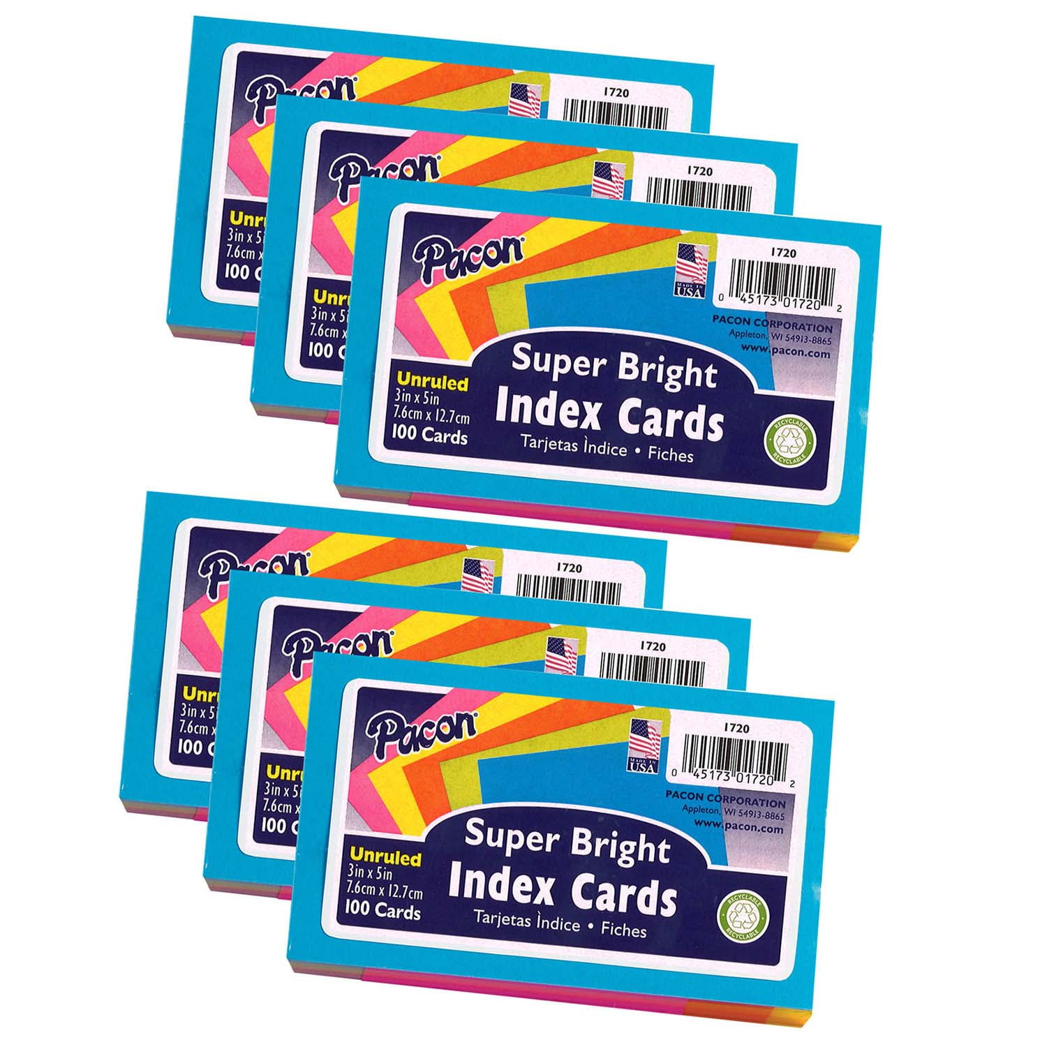 Pacon PAC1720-6 Super Bright Index Cards Unrule - 3 x 5 in. - Pack of 6 ...